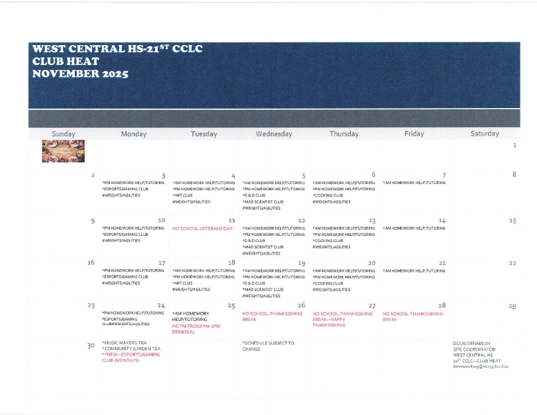 West Central C.U.S.D. #235 - WCHS 21st CCLC - Club HEAT November Calendar